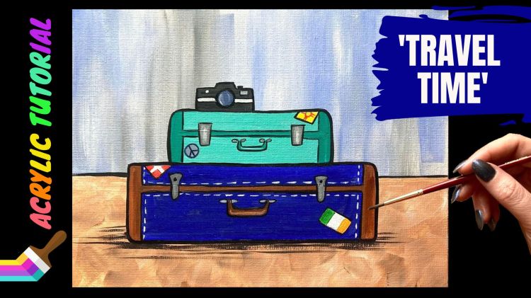 🧳EP150- ‘Travel Time’ stack of suitcases with camera, stickers easy acrylic painting tutorial ...