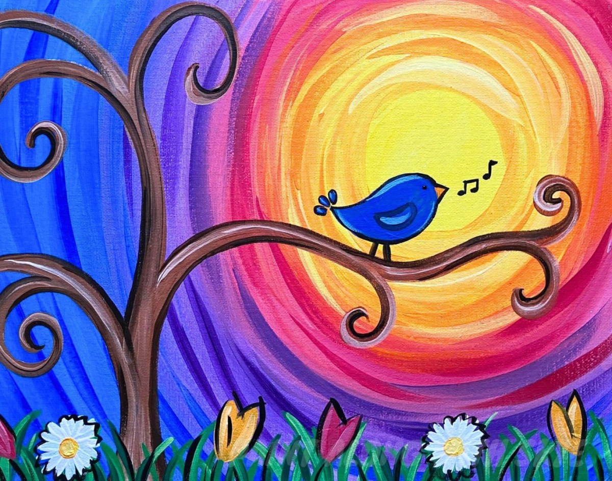 EP201- ‘Early Bird’ easy colorful spring morning with blue bird acrylic ...